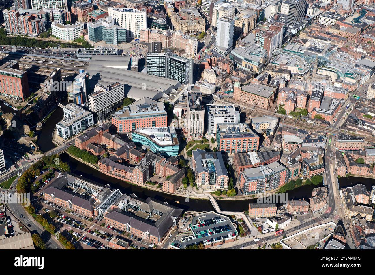 An aerial photograph of Leeds City centre, showing the river Aire and ...