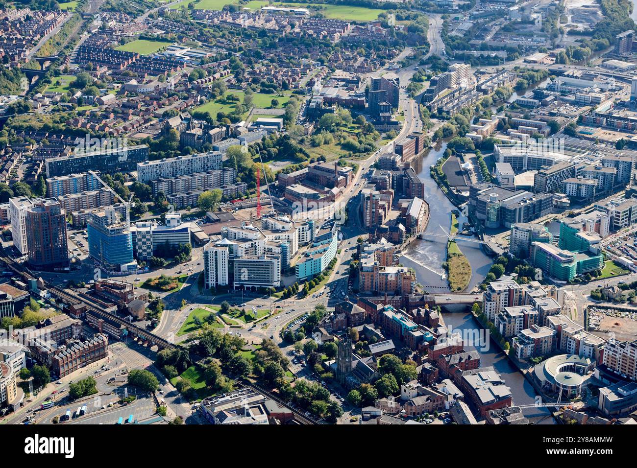 An aerial photograph of Leeds City centre, showing the river Aire and ...