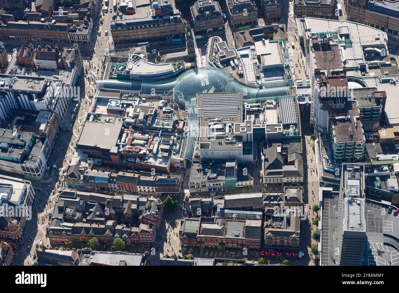 An aerial photograph of Leeds City centre main retail and shopping area ...