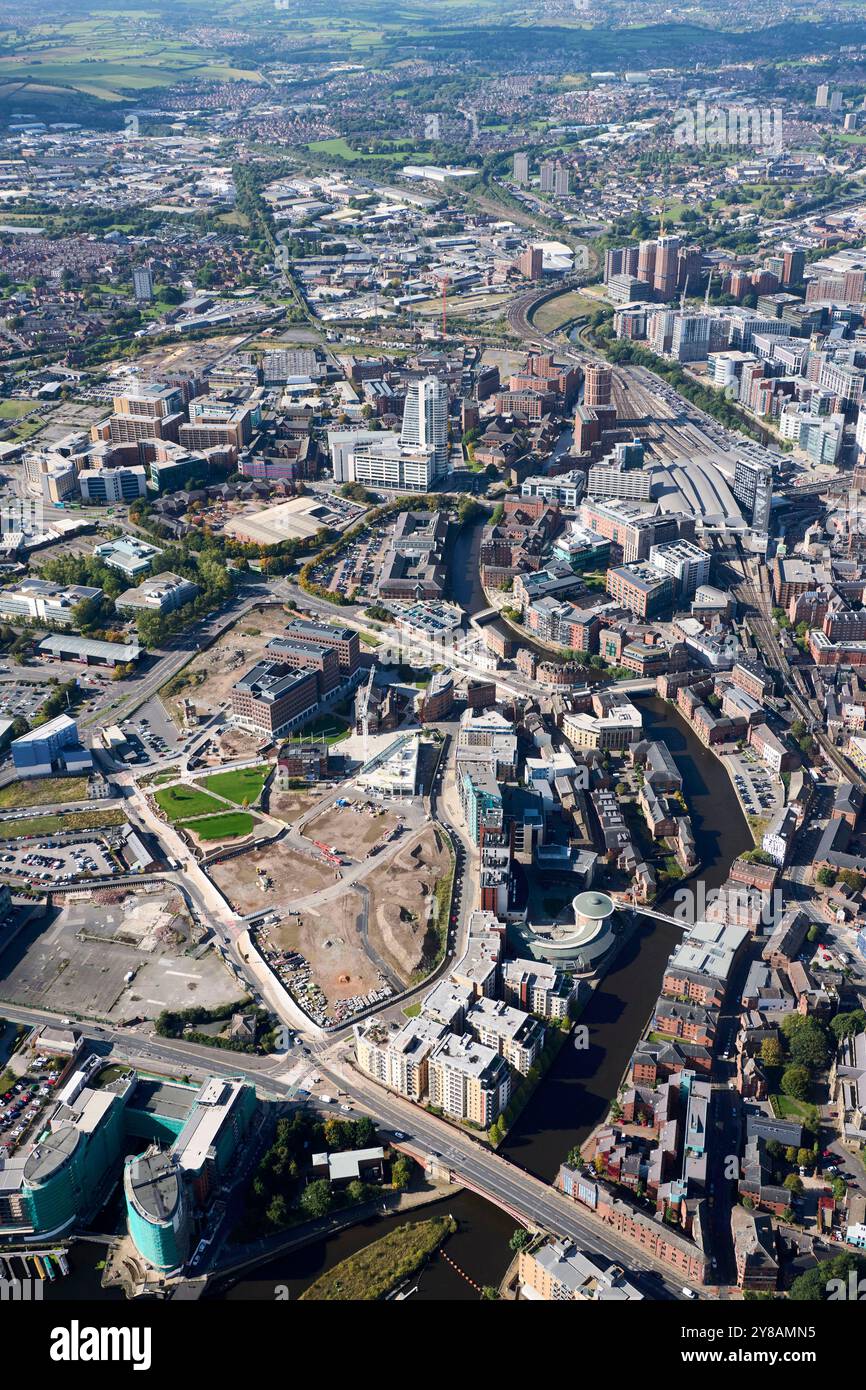 An aerial photograph of Leeds City centre, showing the river Aire and ...