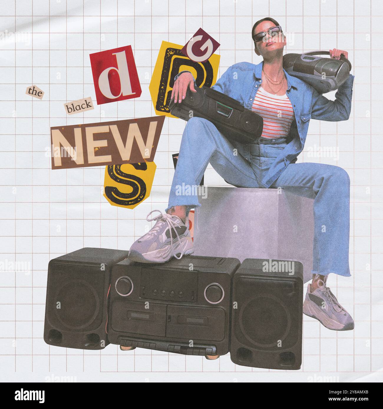Woman in denim sitting with boomboxes. 90s aesthetics. Retro typography ...