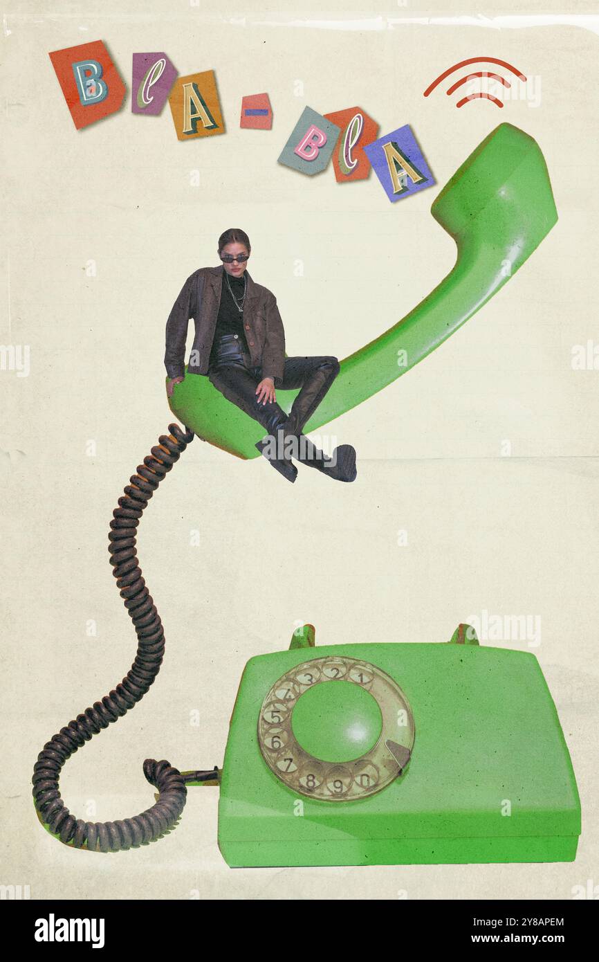 Stylish young woman sitting on giant green phone, combining oversized ...