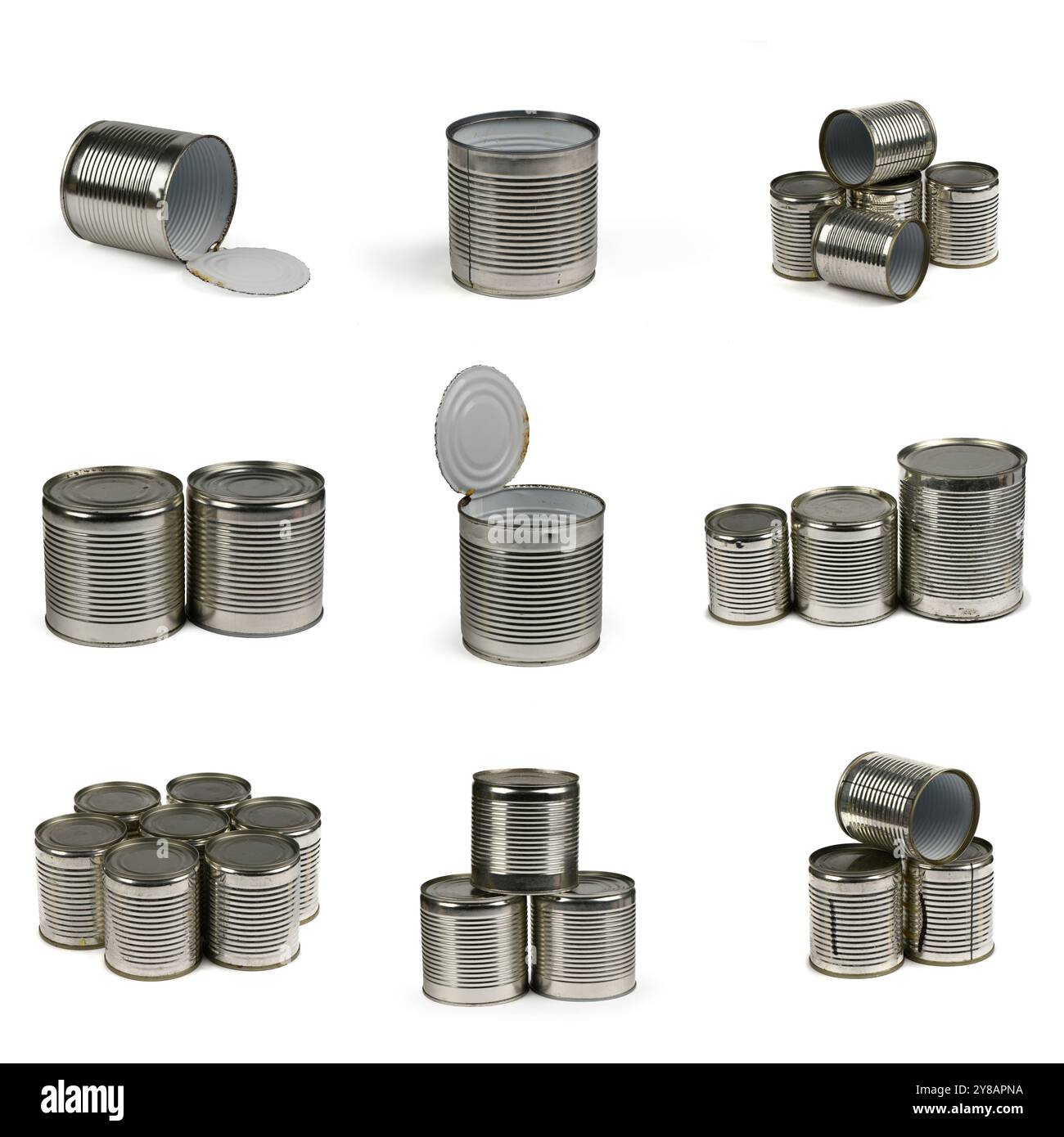 Nine Open metal tin cans placed in pyramid isolated on white background ...