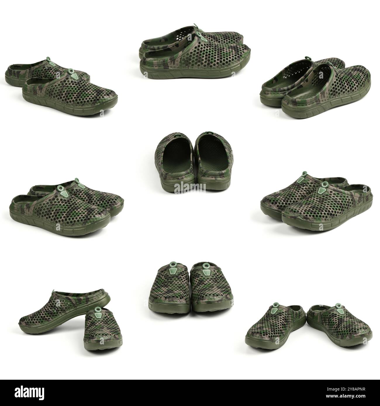 Nine Pair dark green galoshes isolated on a white background. Shoes for ...