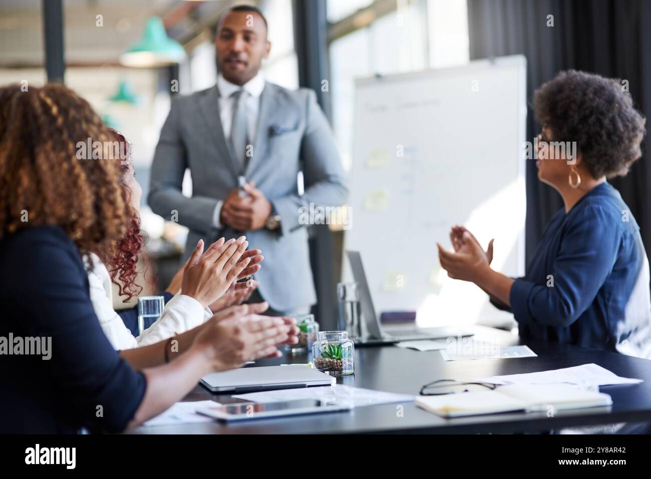 Business people, meeting and presentation with applause for ...