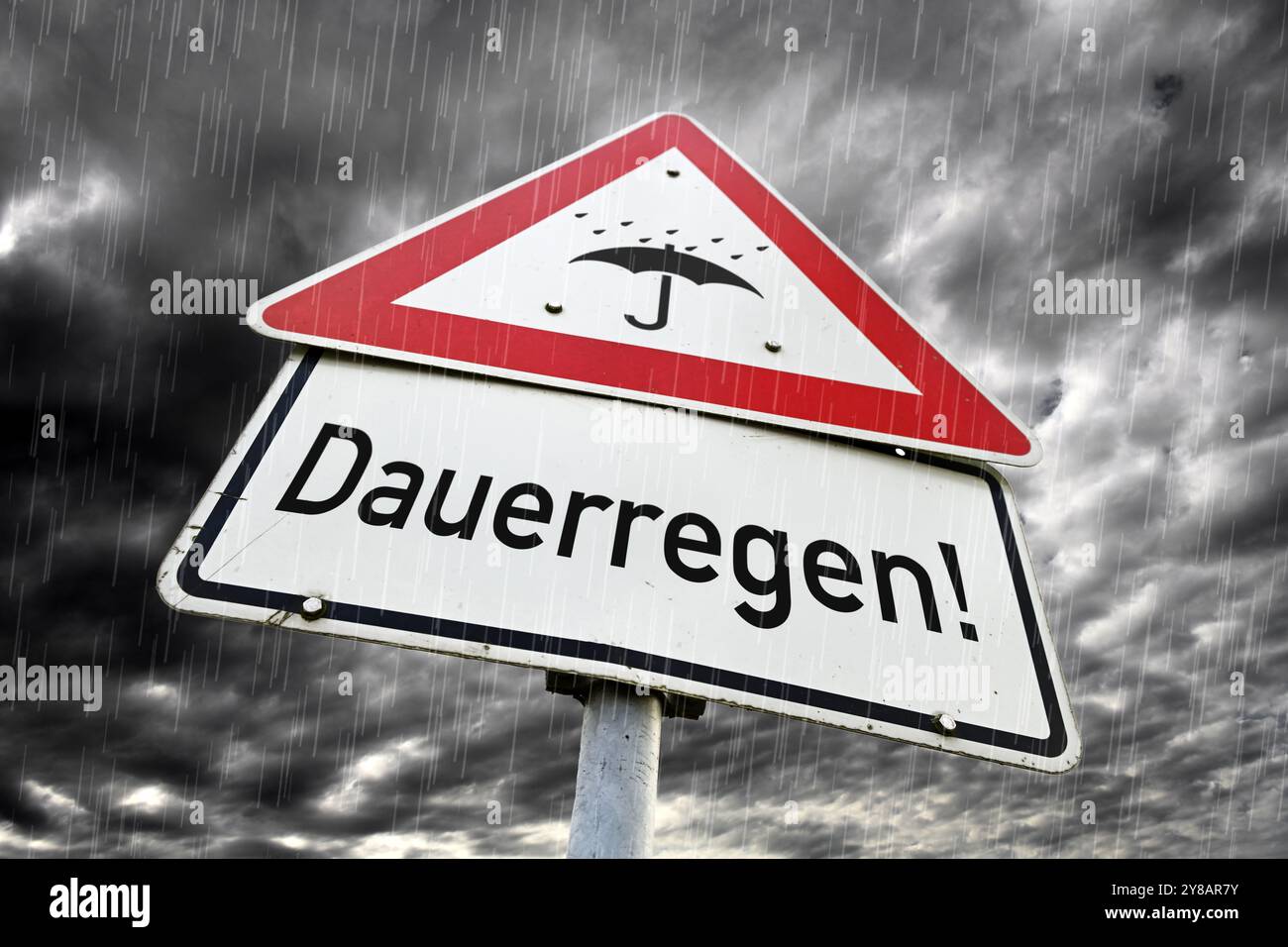 PHOTO MONTAGE, Danger sign continuous rain, FOTOMONTAGE, Gefahrenschild ...