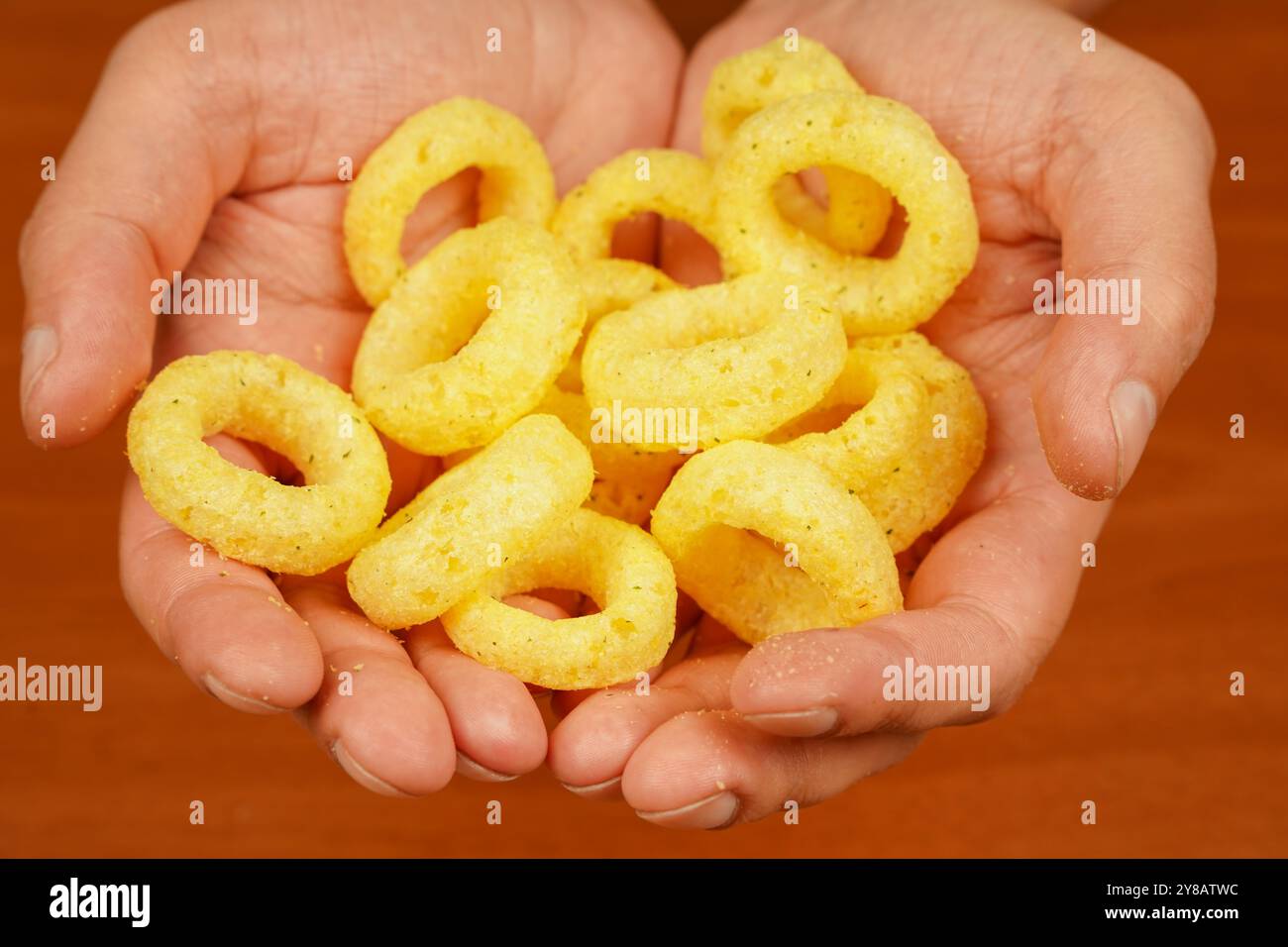 Cooked tasty appetizer meal. Fried rings. Corn onion rings. Unhealthy ...