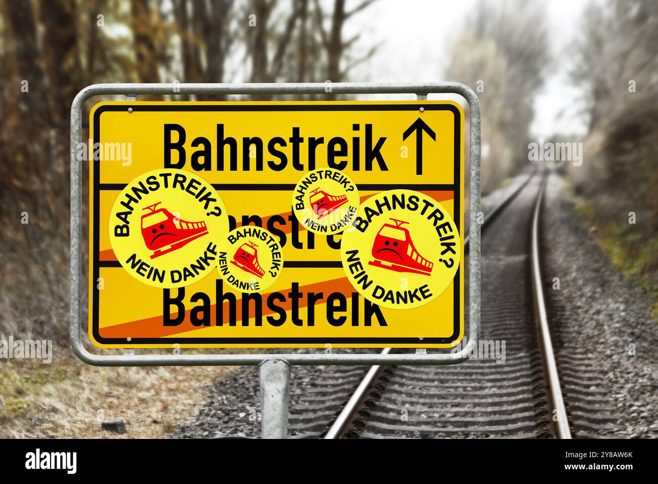 "PHOTO MONTAGE, sign with the inscription ""Railway strike"" and ...