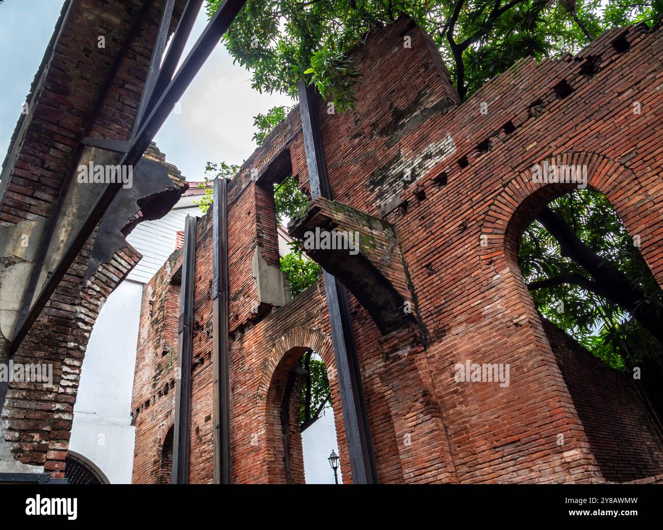 The remnants of a historical brick structure, entwined with lush ...