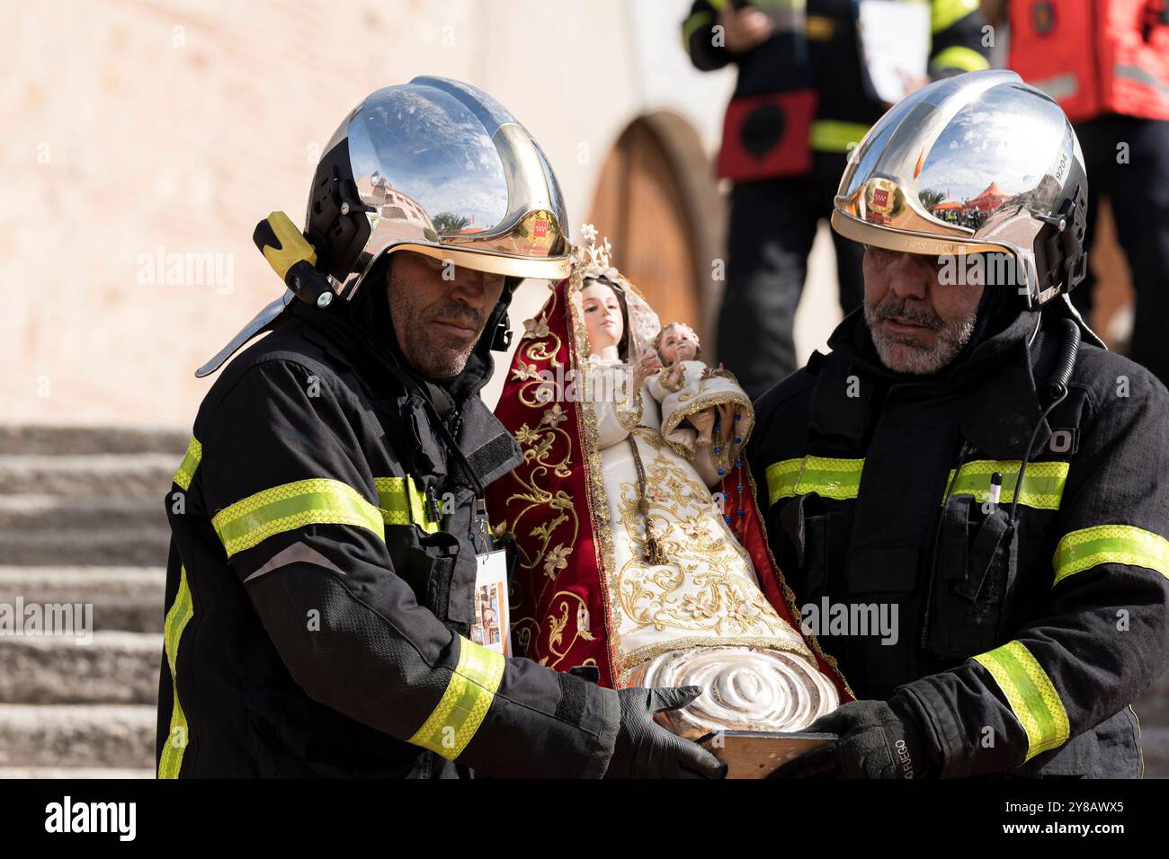 Two firefighters during a fire drill at the church of Santa Catalina de ...