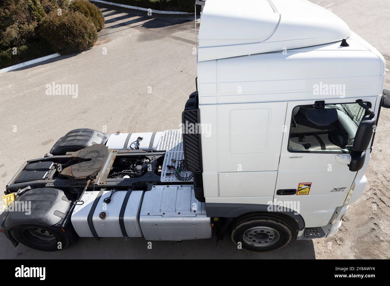 white cab of a truck without a trailer, top view. Commercial vehicles ...