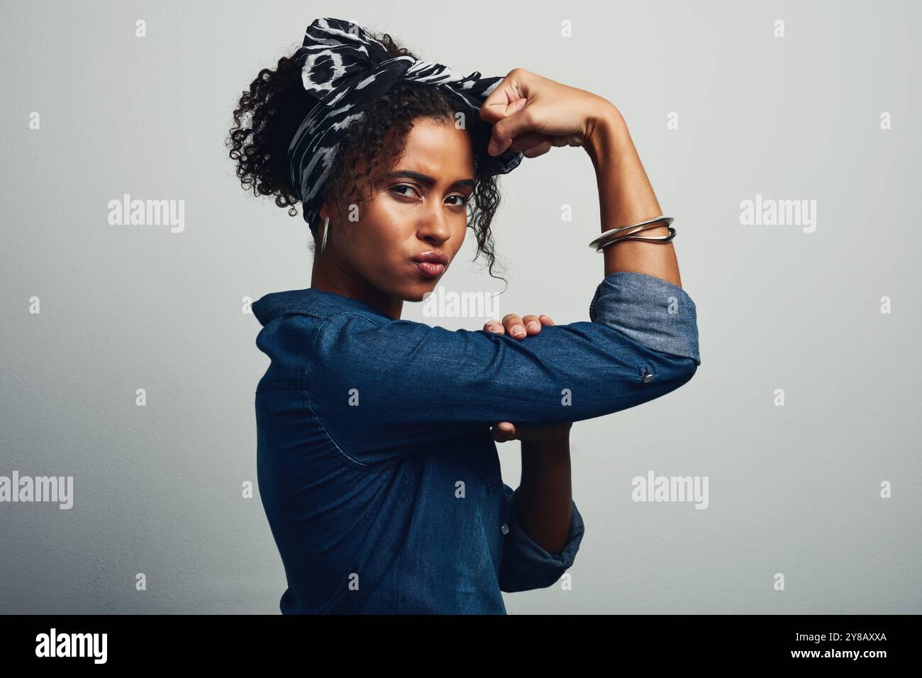 Girl, portrait and strong with power in studio for women empowerment ...