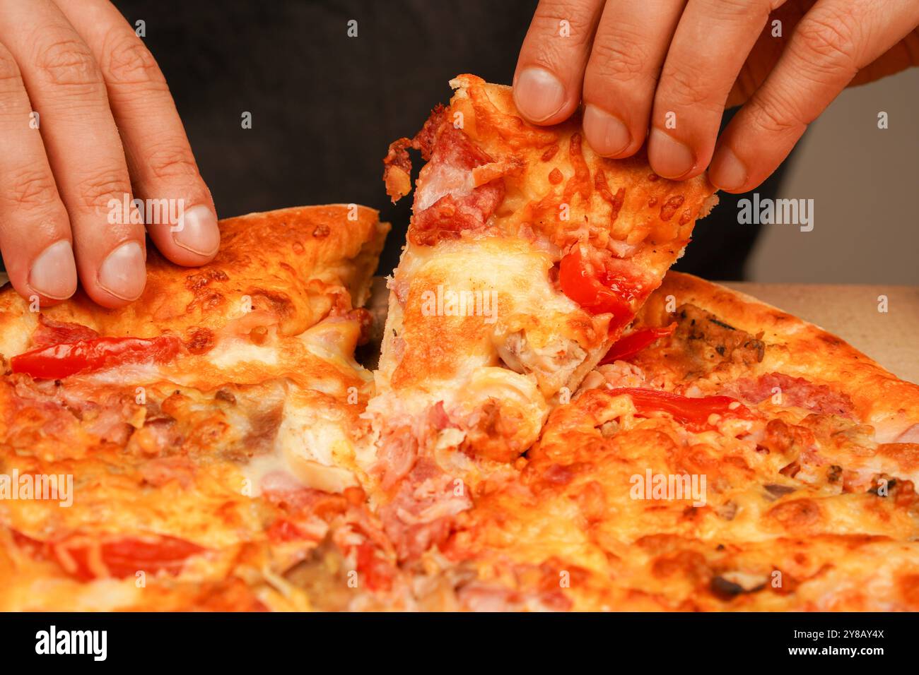 Restaurant advertising. Delicious cheesy pizza. Pizza. Unhealthy food ...