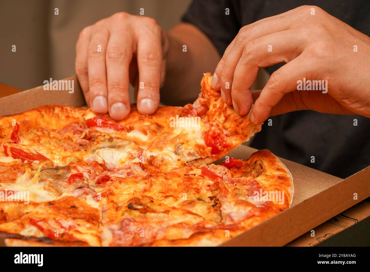 Tasty food at pizzeria. Concept of takeaway. Fast food order ...