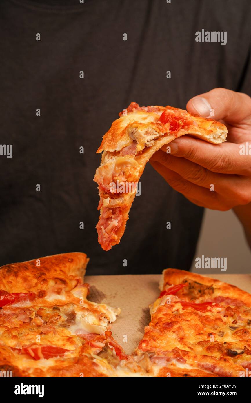 Restaurant advertising. Delicious cheesy pizza. Pizza. Unhealthy food ...