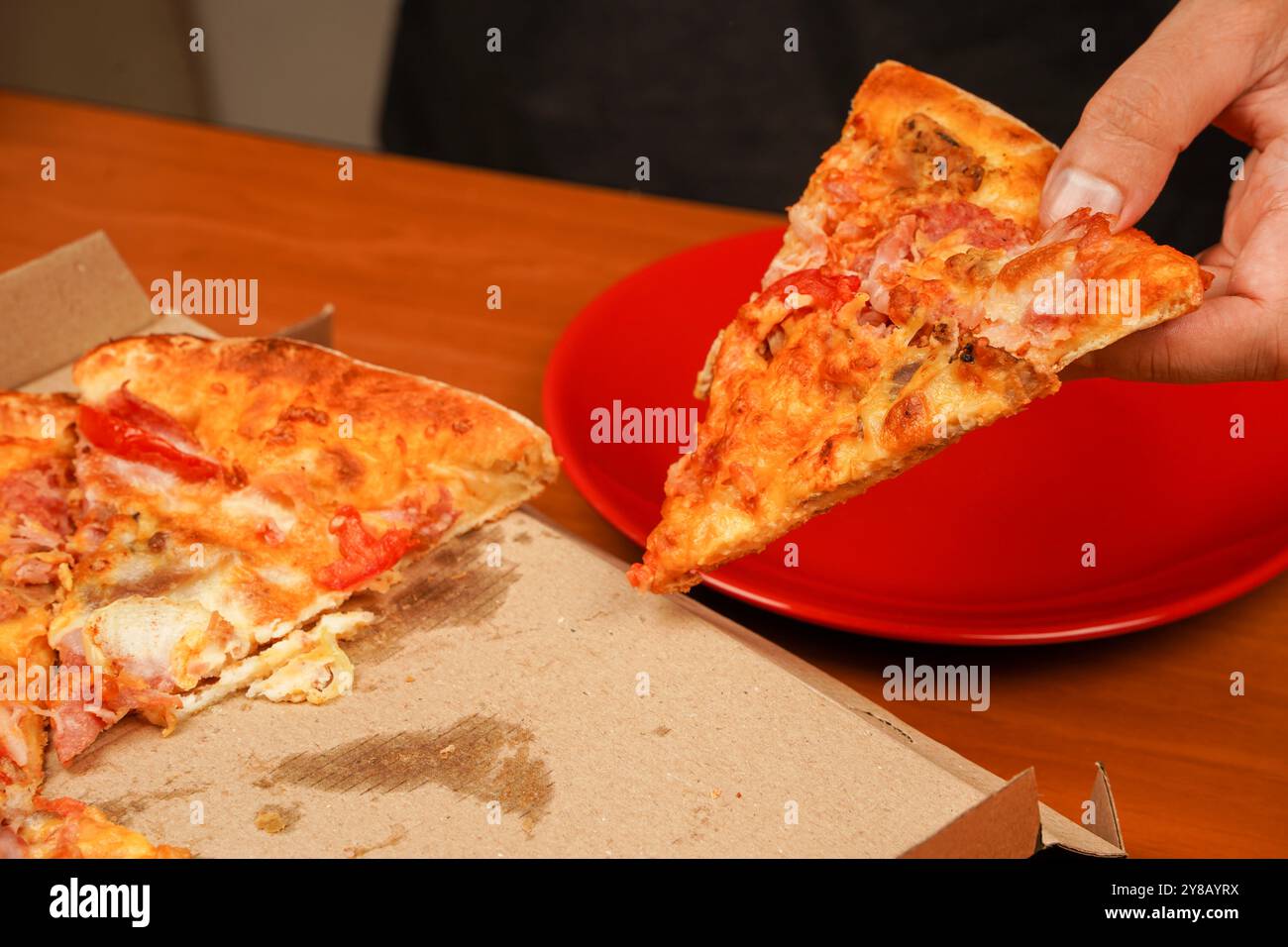 Eating pizza. Fast food order. Restaurant advertising. Delicious cheesy ...