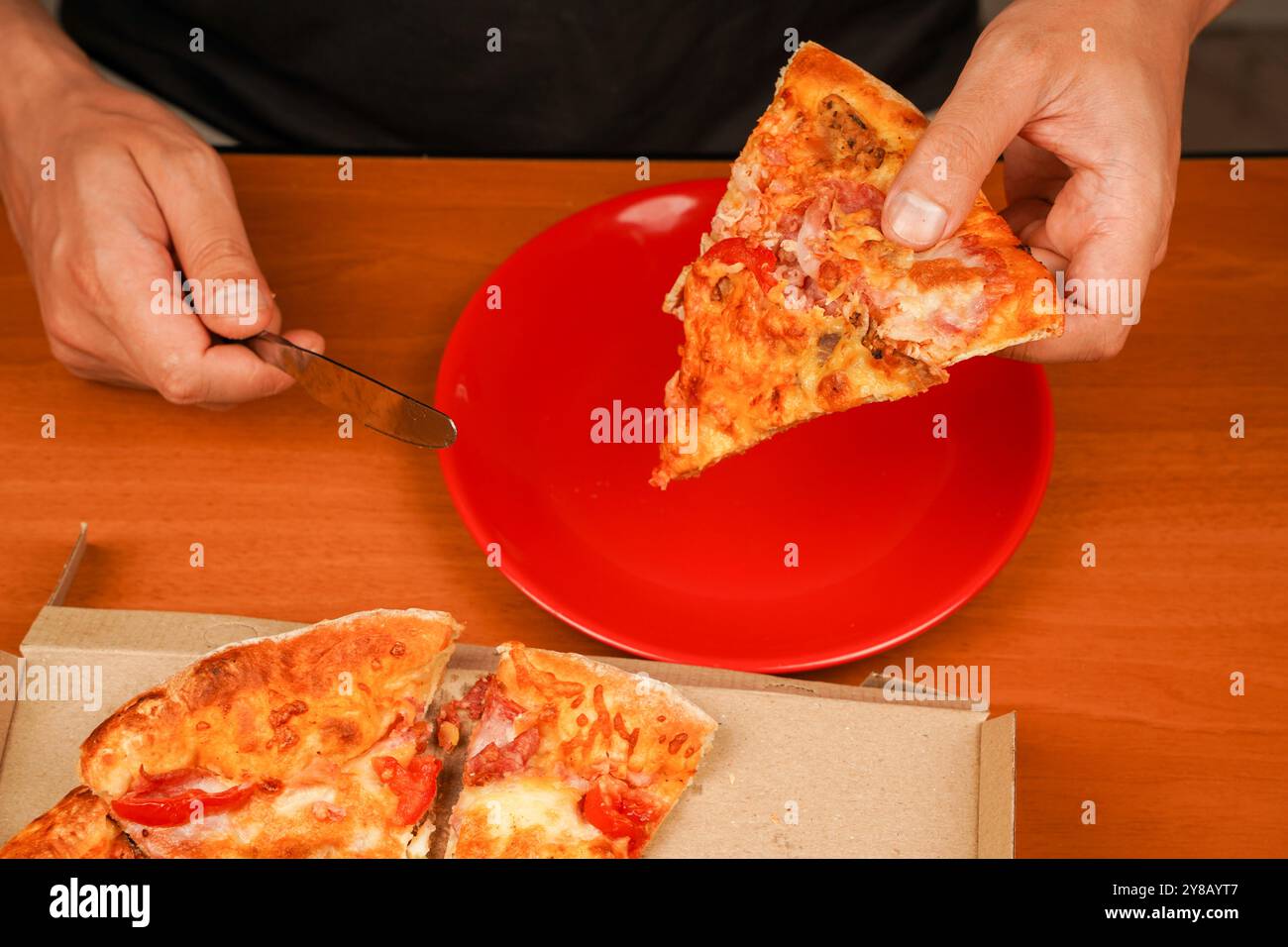 Tasty food at pizzeria. Concept of takeaway. Fast food order ...