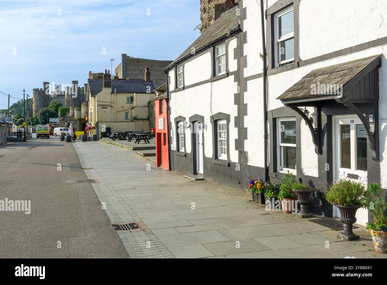 Conwy Wales - July 30 2024; White building facades along Lower Gate ...