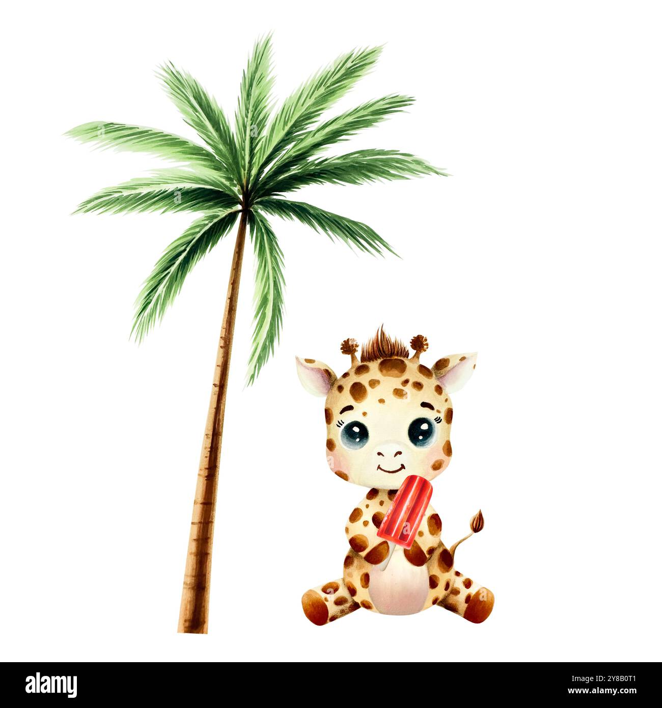 Cute baby giraffe under Green palm trees with ice cream. Lazy summer ...