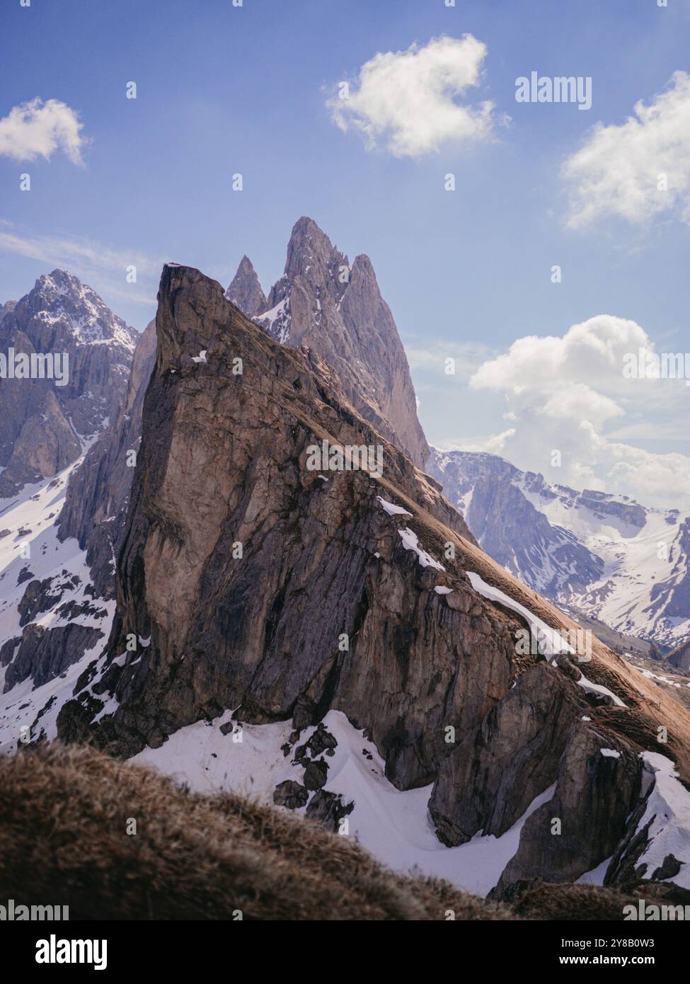 Beautiful view of snowy Seceda mountain peak in the Dolomites north ...