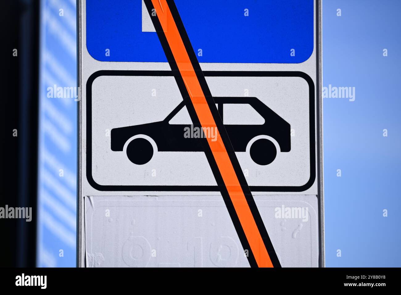 Traffic sign with crossed-out car symbol, symbol photo combustion ...