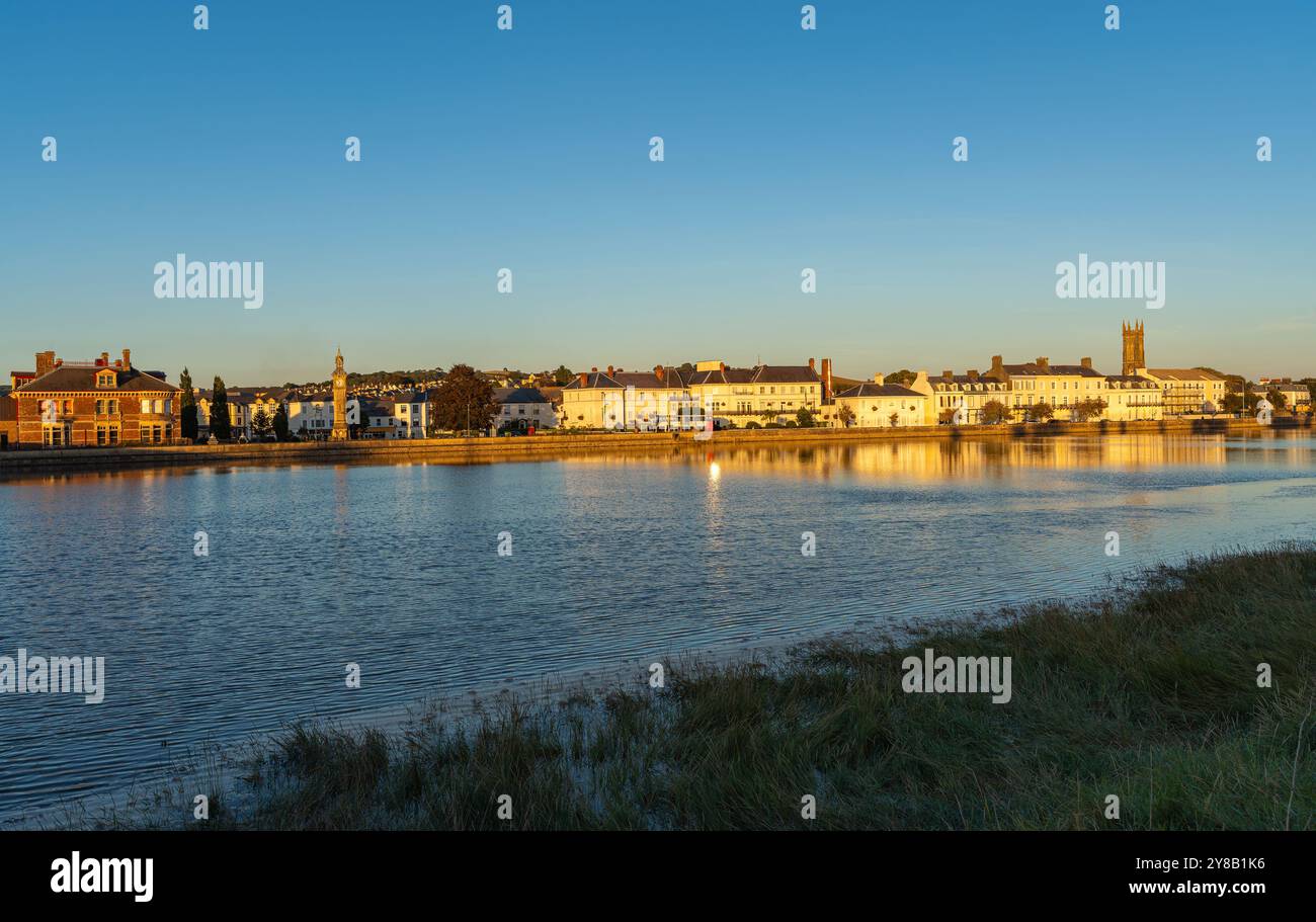 Town of Barnstaple by sunset, view of river Taw, clock tower and The ...