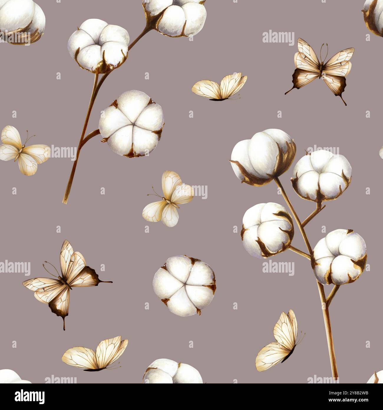 Seamless pattern with boho butterflies, cotton flower branch ...