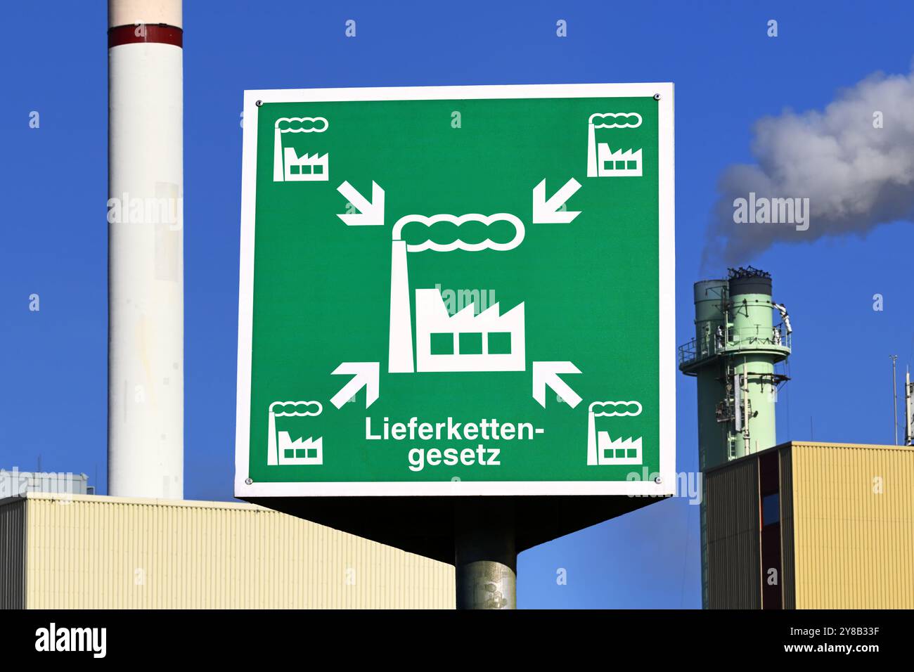 PHOTO MONTAGE, sign with factory and suppliers, symbolic photo of the ...