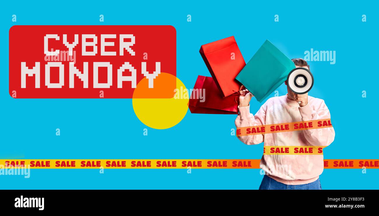 Poster. Contemporary art collage. Person with shopping bags shouting ...