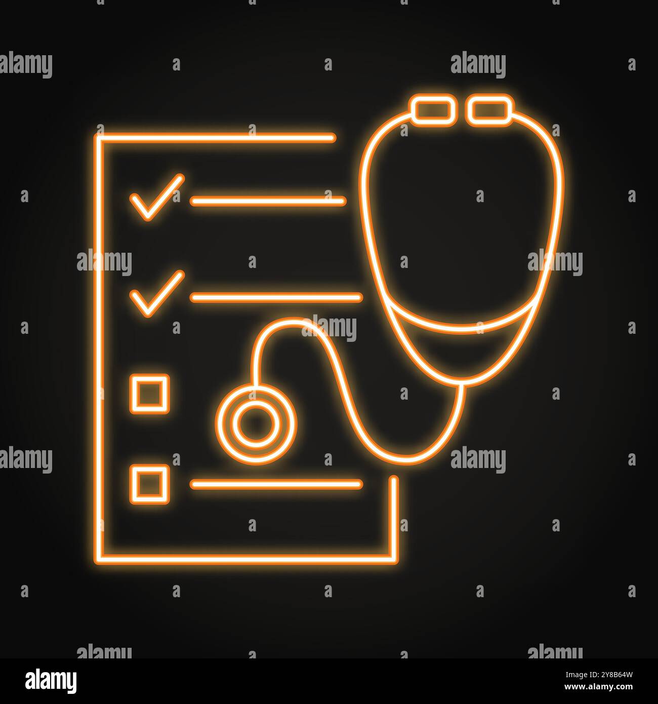 Medical checkup neon line icon. Checklist and stethoscope, medical form ...