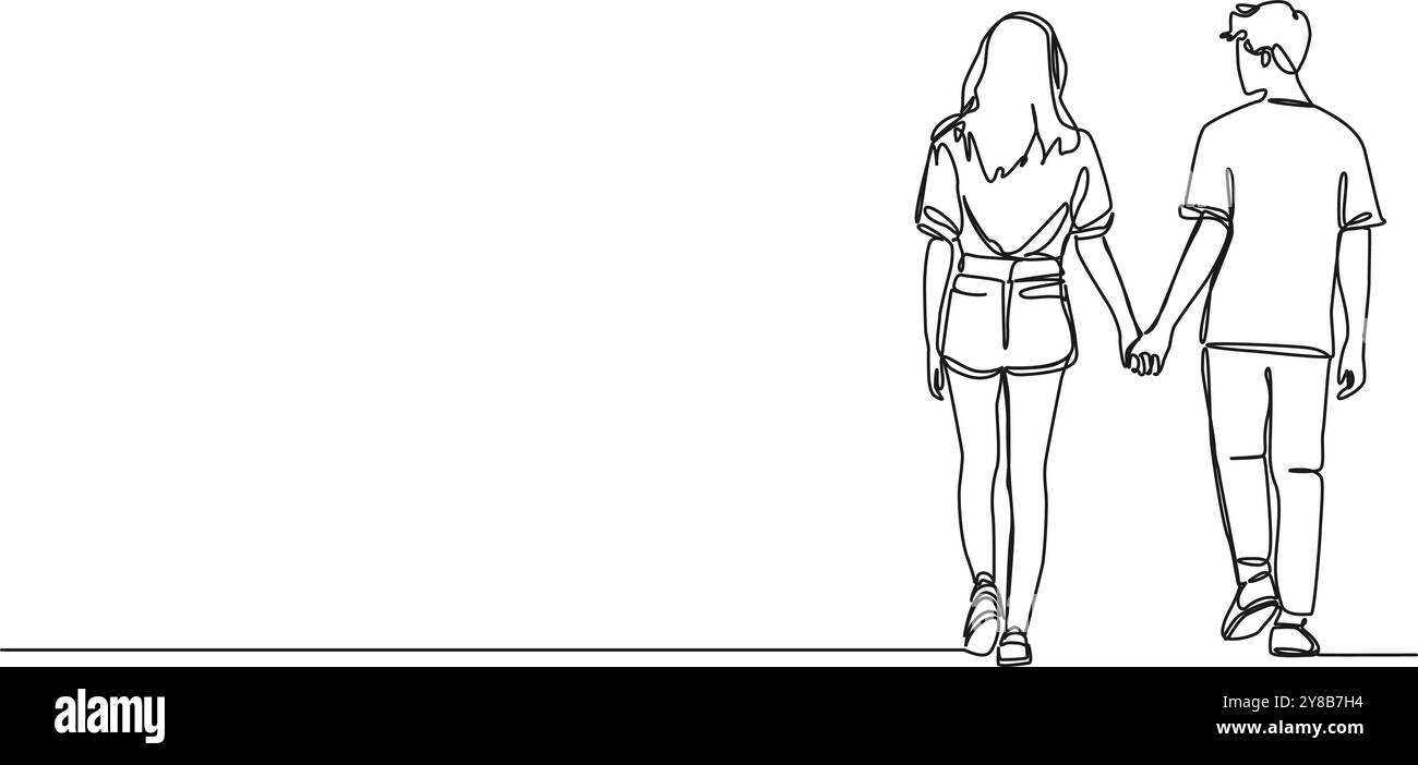 continuous single line drawing of young couple walking hand in hand ...