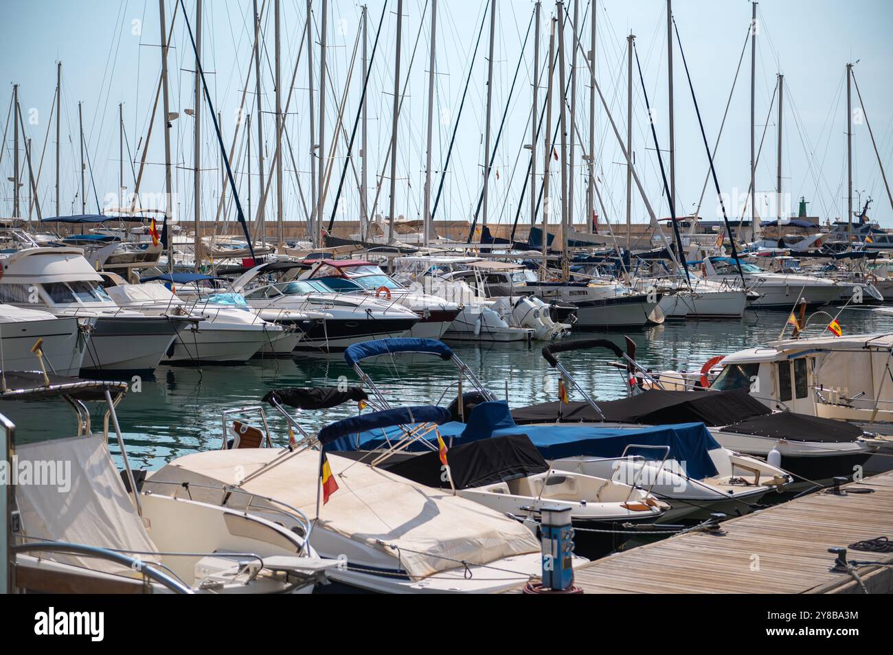 A picturesque view of a bustling marina filled with yachts and ...