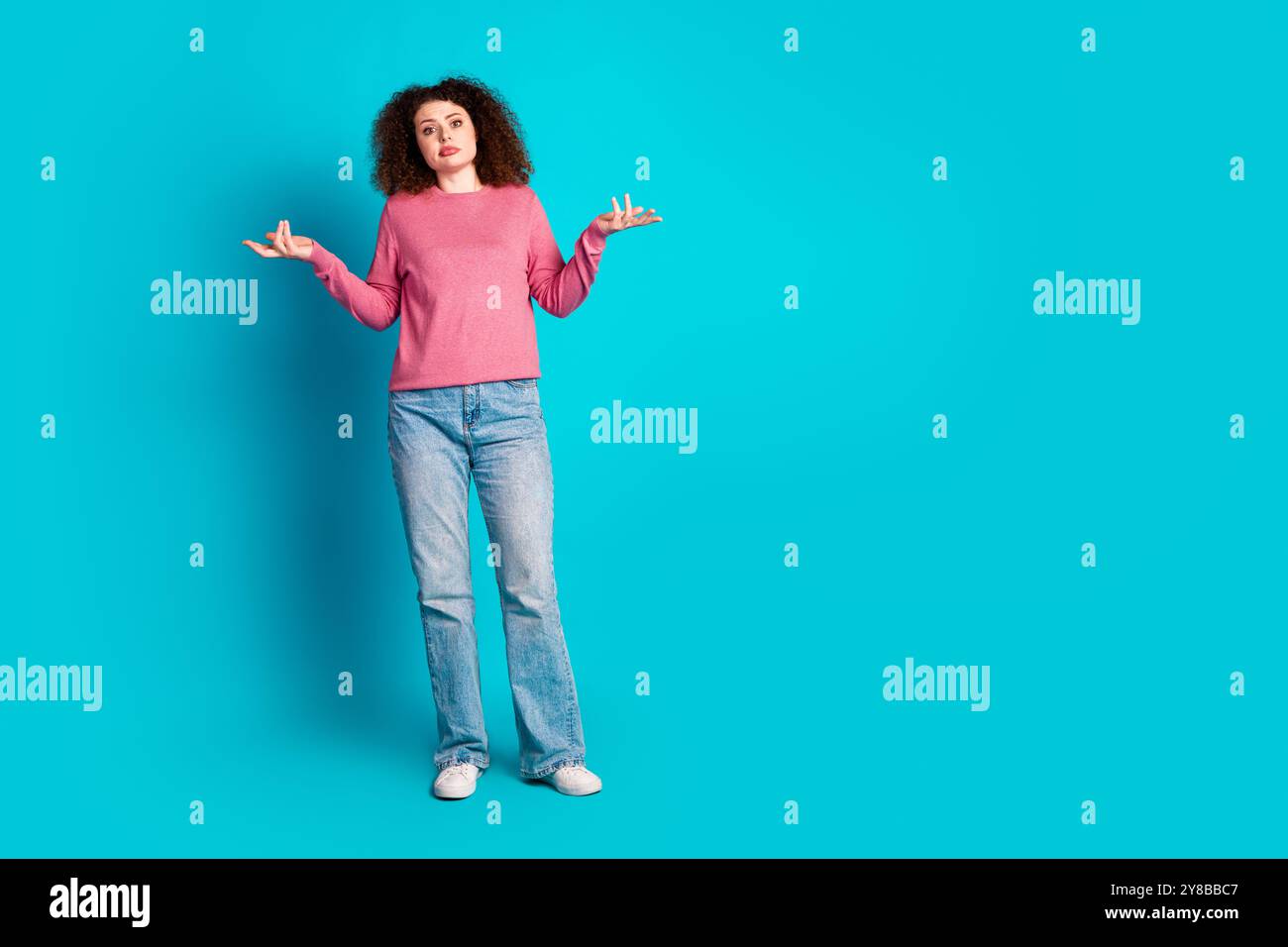 Full body portrait of nice young girl shrug shoulders empty space ...