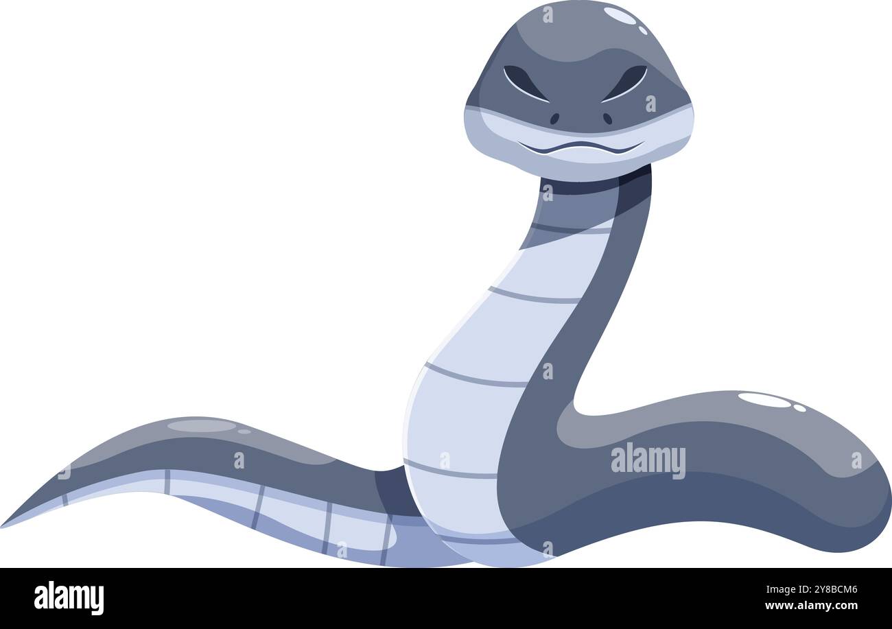Cartoon gray snake posing menacingly with tongue out, isolated on white ...