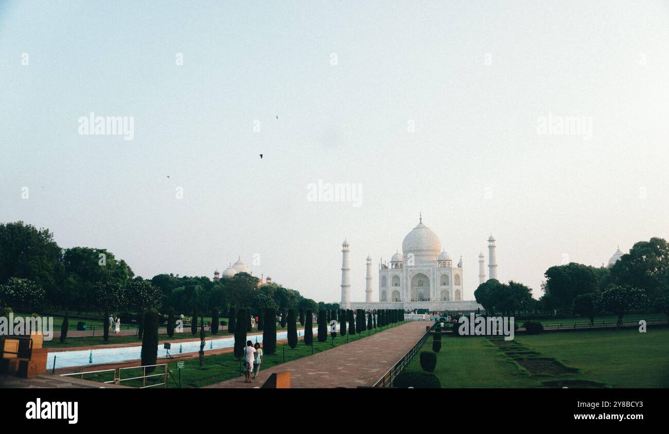 The Taj Mahal stands gracefully at the end of a tree-lined path ...
