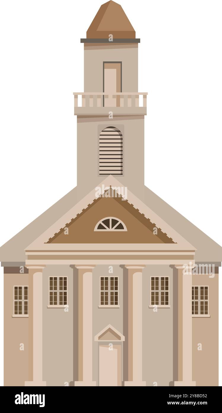 Illustration featuring a large beige church building with columns and a ...