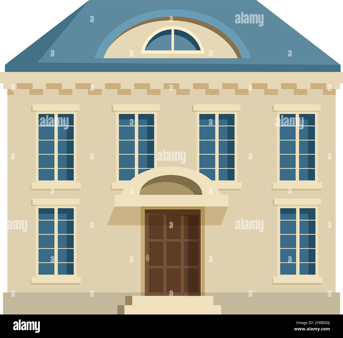 Big beige building with blue roof and brown door having many windows is ...