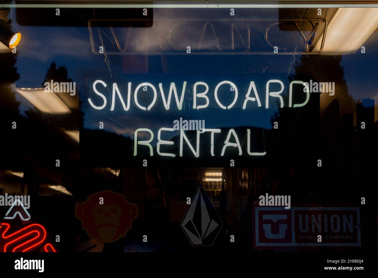 Snowboard Rental sign in the window in Red River, New Mexico, USA Stock ...
