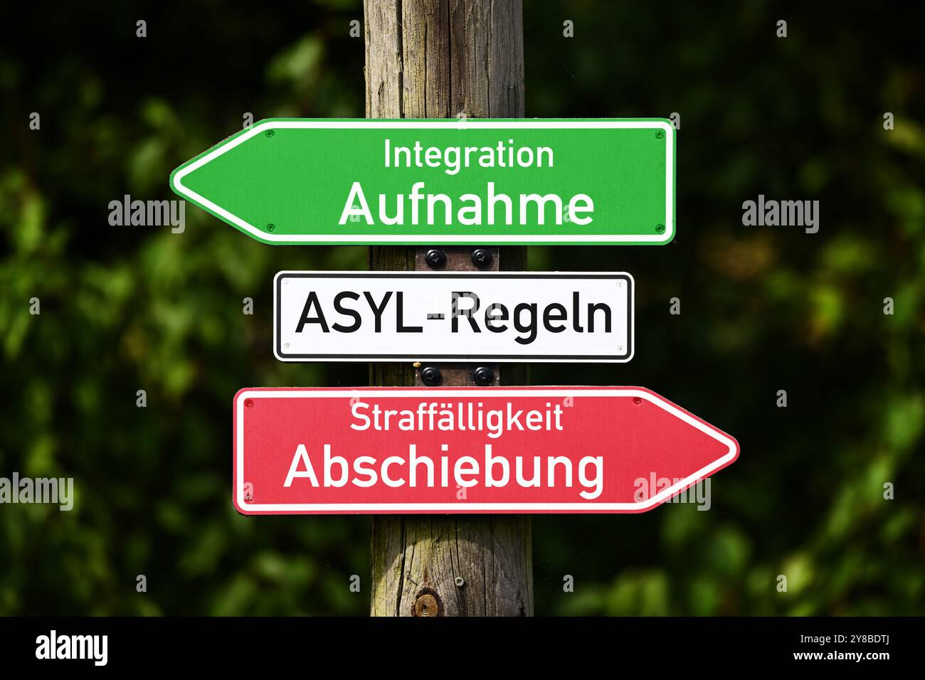 PHOTOMONTAGE, signs with the inscription Asylum Rules, Acceptance and ...