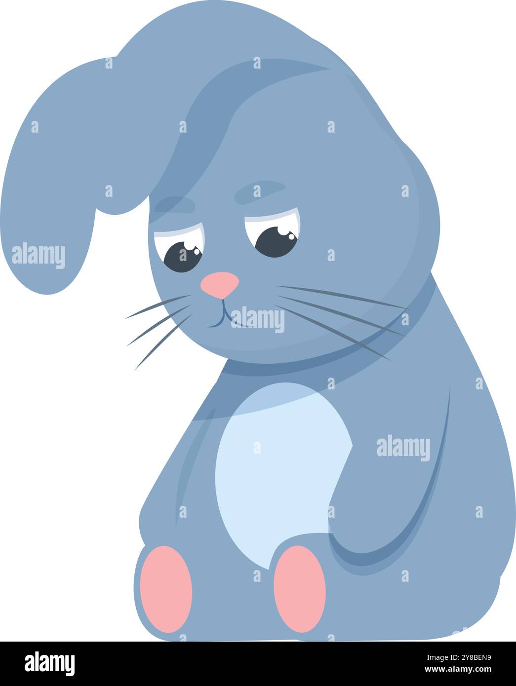 Cartoon blue bunny is sad and looking down with a dismal expression ...