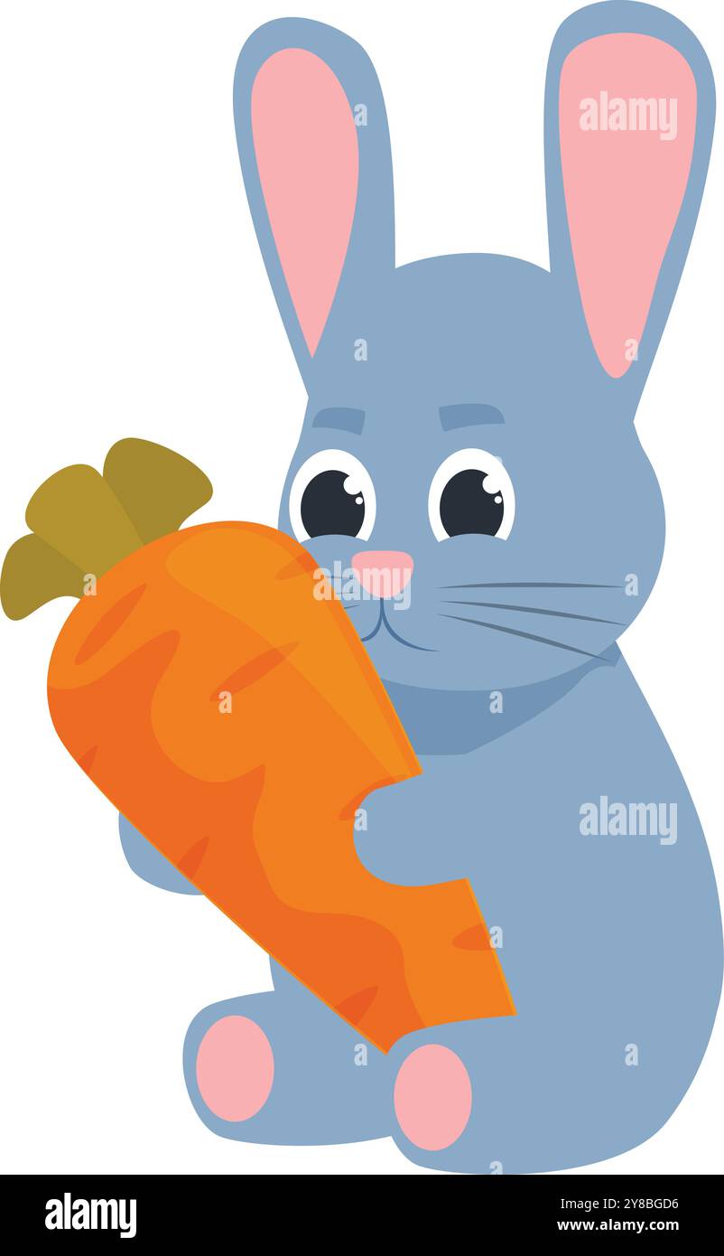 Adorable cartoon bunny rabbit holding a large carrot, looking at the viewer with big, cute eyes ...