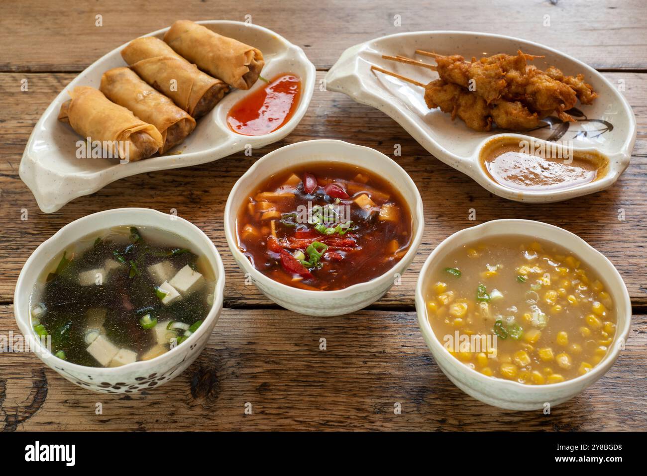 Spring rolls, mock chicken skewers, sweetcorn, hot & sour and tofu ...