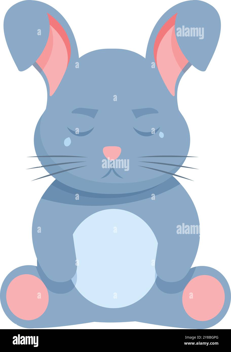 Cartoon blue bunny sitting and crying with closed eyes, feeling sad and ...