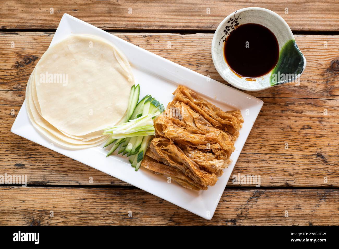 Crispy aromatic mock duck pancakes vegetarian friendly Asian meal Stock ...