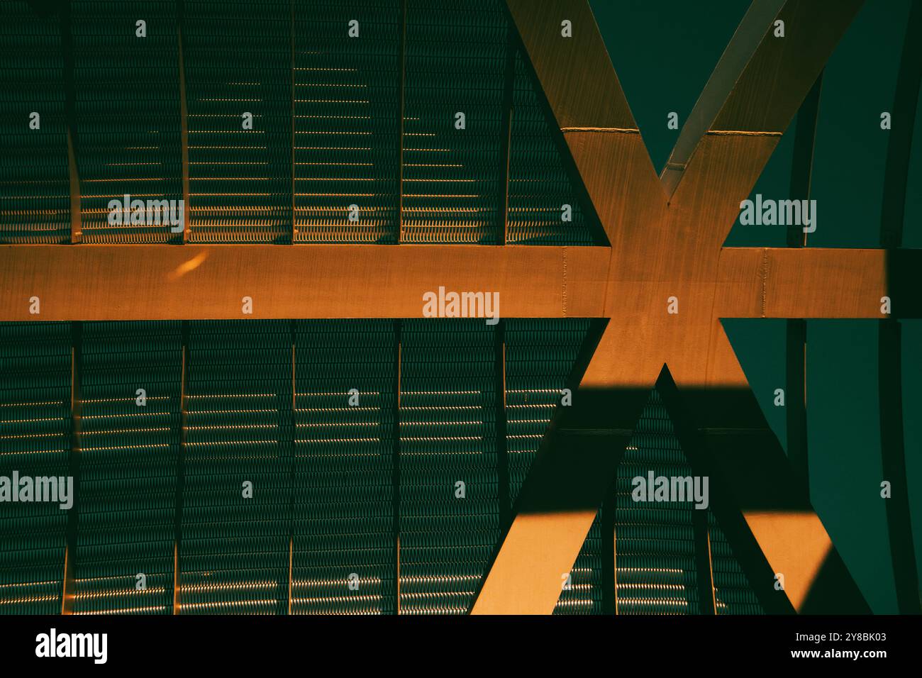 Metal mesh lattice construction in warm sunlight Urban architecture in ...