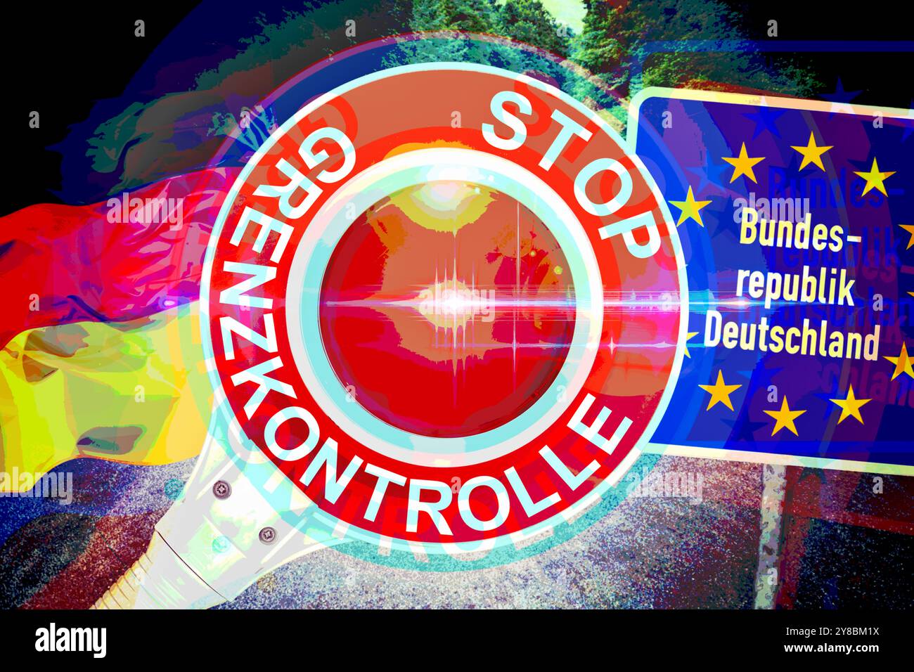 PHOTO MONTAGE, stop sign with the inscription Stop Border Control in ...