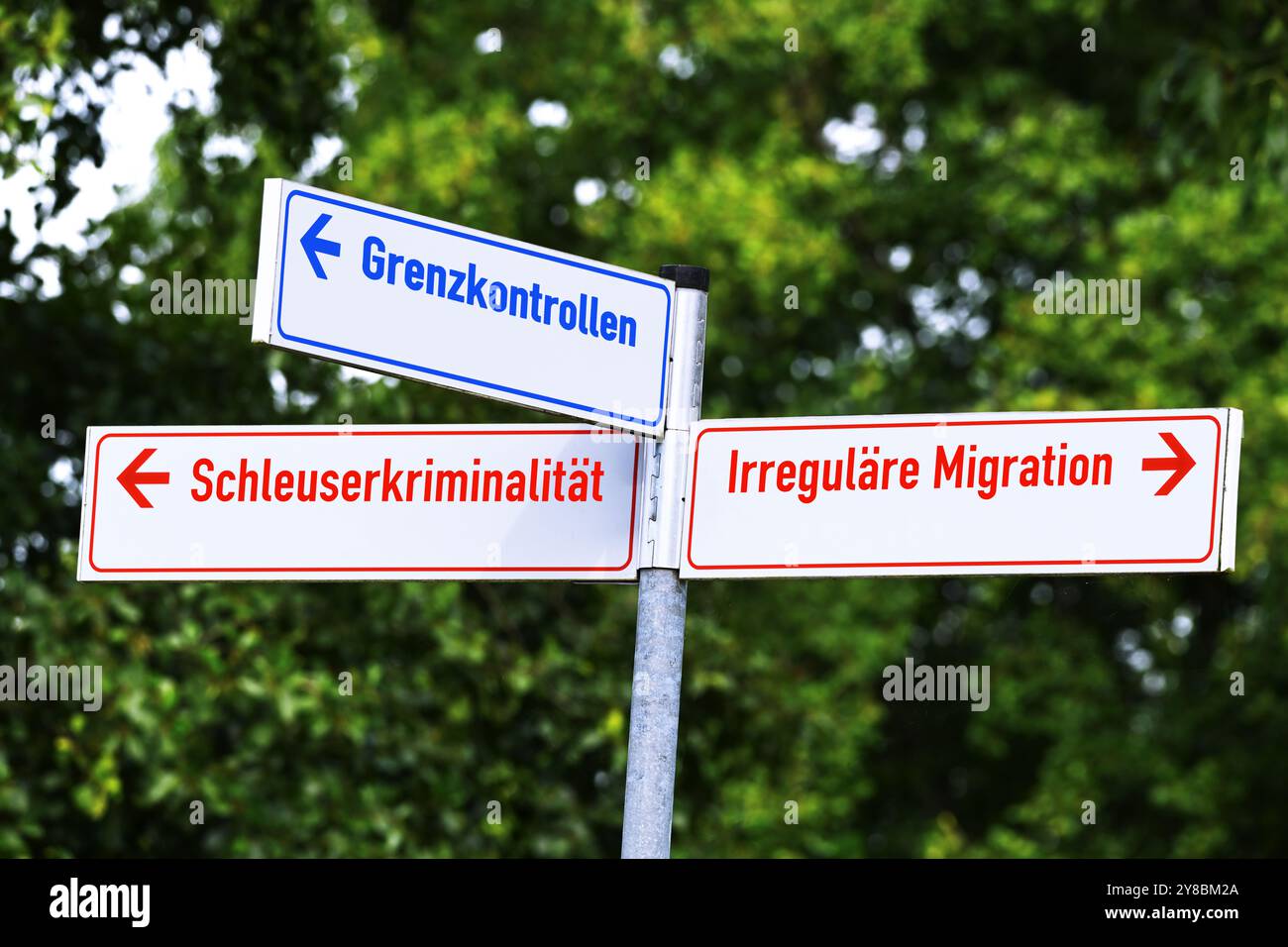 PHOTO MONTAGE, signpost with the inscription border controls, irregular ...