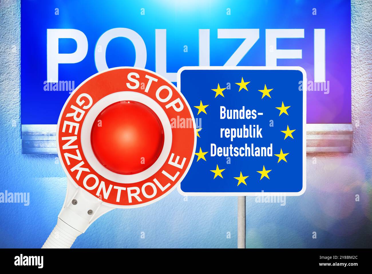 PHOTO MONTAGE, stop sign with the inscription Stop Border Control in ...