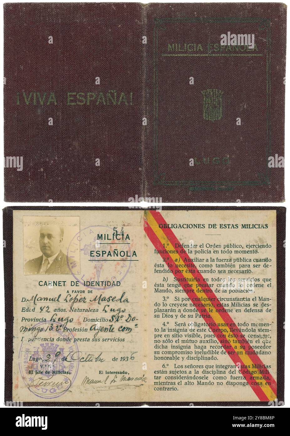 España. Guerra civil (1936-1939). Carnet de identidad de la Milicia ...
