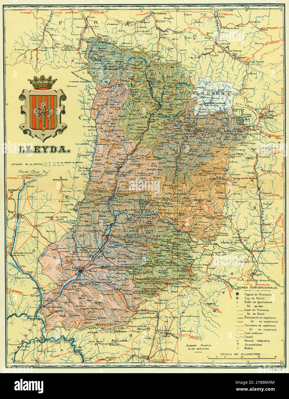 España. Catalunya. Mapa físico de la provincia de Lleyda y sus comarcas ...